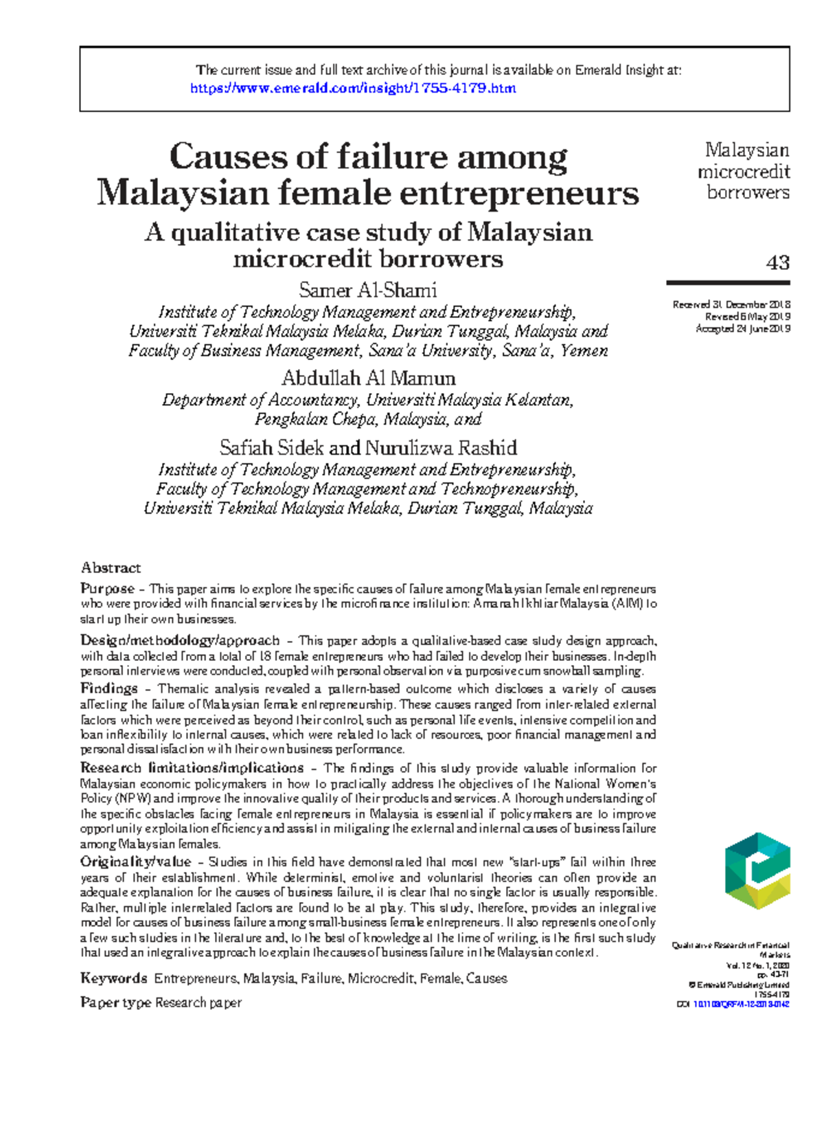 Causes of Failure Among Malaysian Female Entrepreneurs: A Qualitative ...