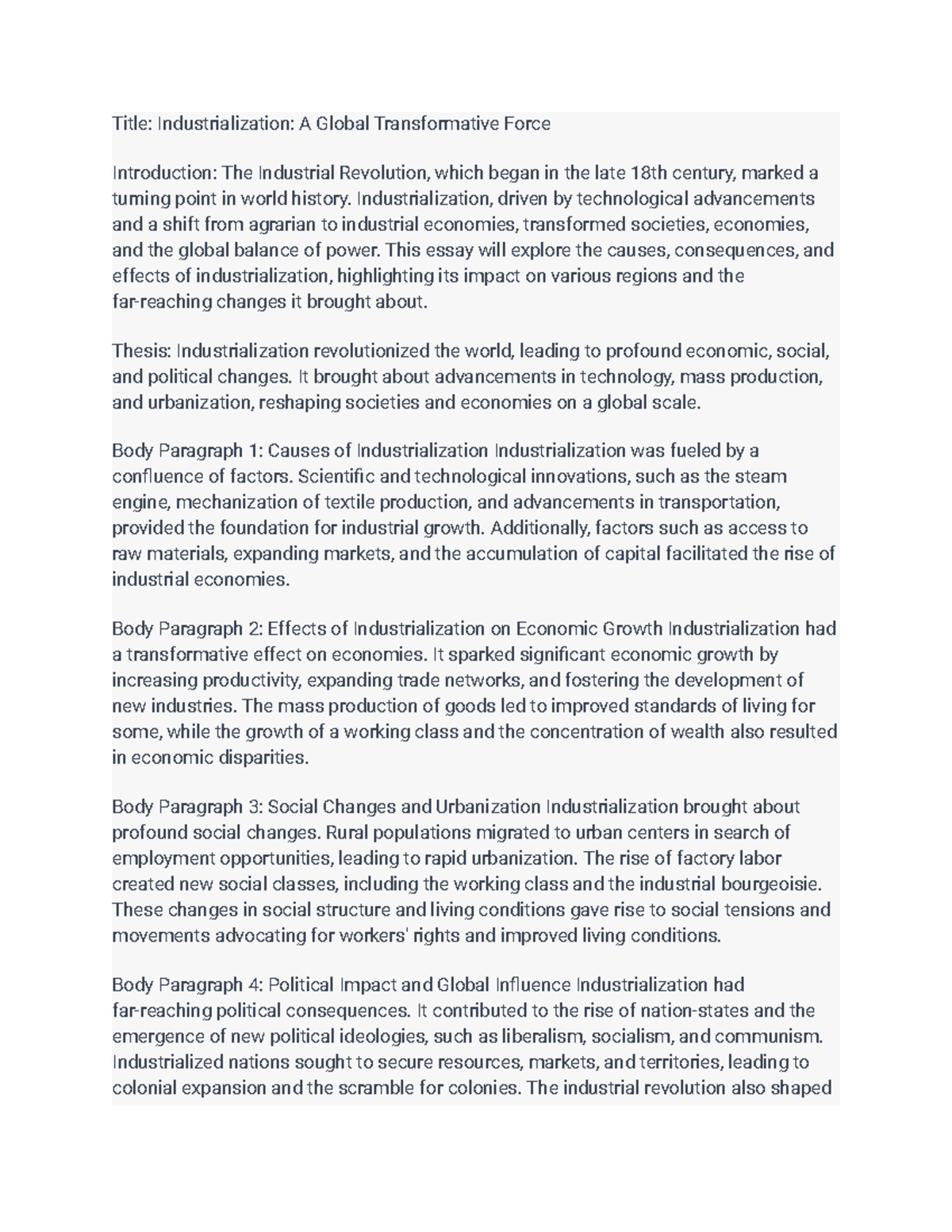 AP World History essay on industrialization - Title: Industrialization ...