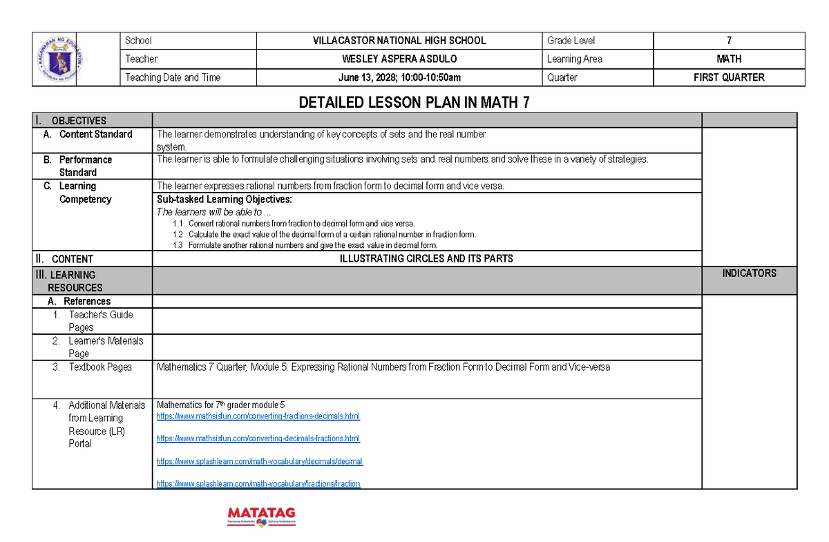 Detailed Lesson Plan for MATH 7: Converting Rational Numbers - Studocu