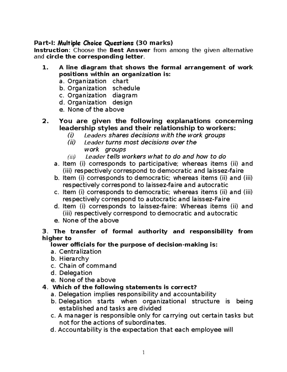 Introduction to Management exam questions - Part-I: Multiple Choice ...