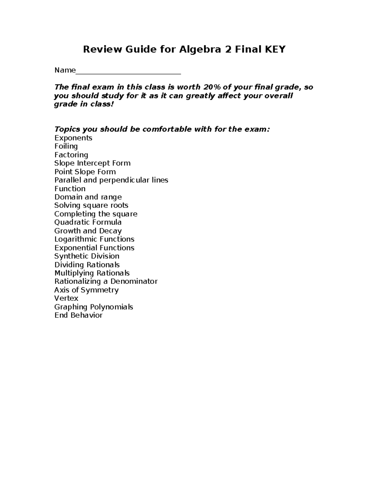 Algebra 2 Honors Final Exam Review Guide with Answer Key - Studocu