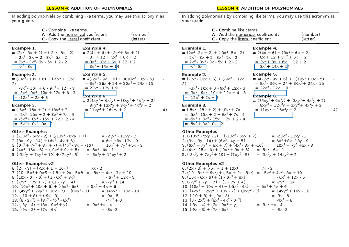 Lesson 4: Adding Polynomials - Combining Like Terms - Studocu