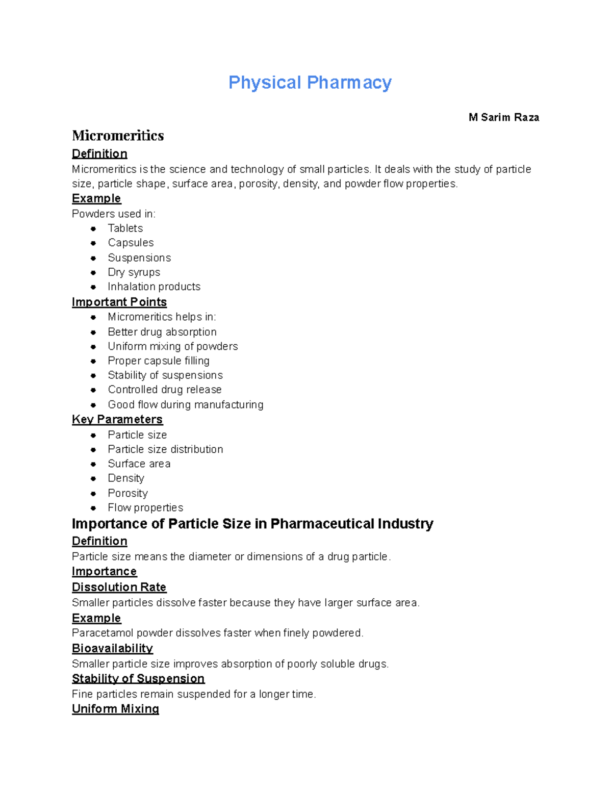 Lecture Notes on Micromeritics in Physical Pharmacy - Studocu