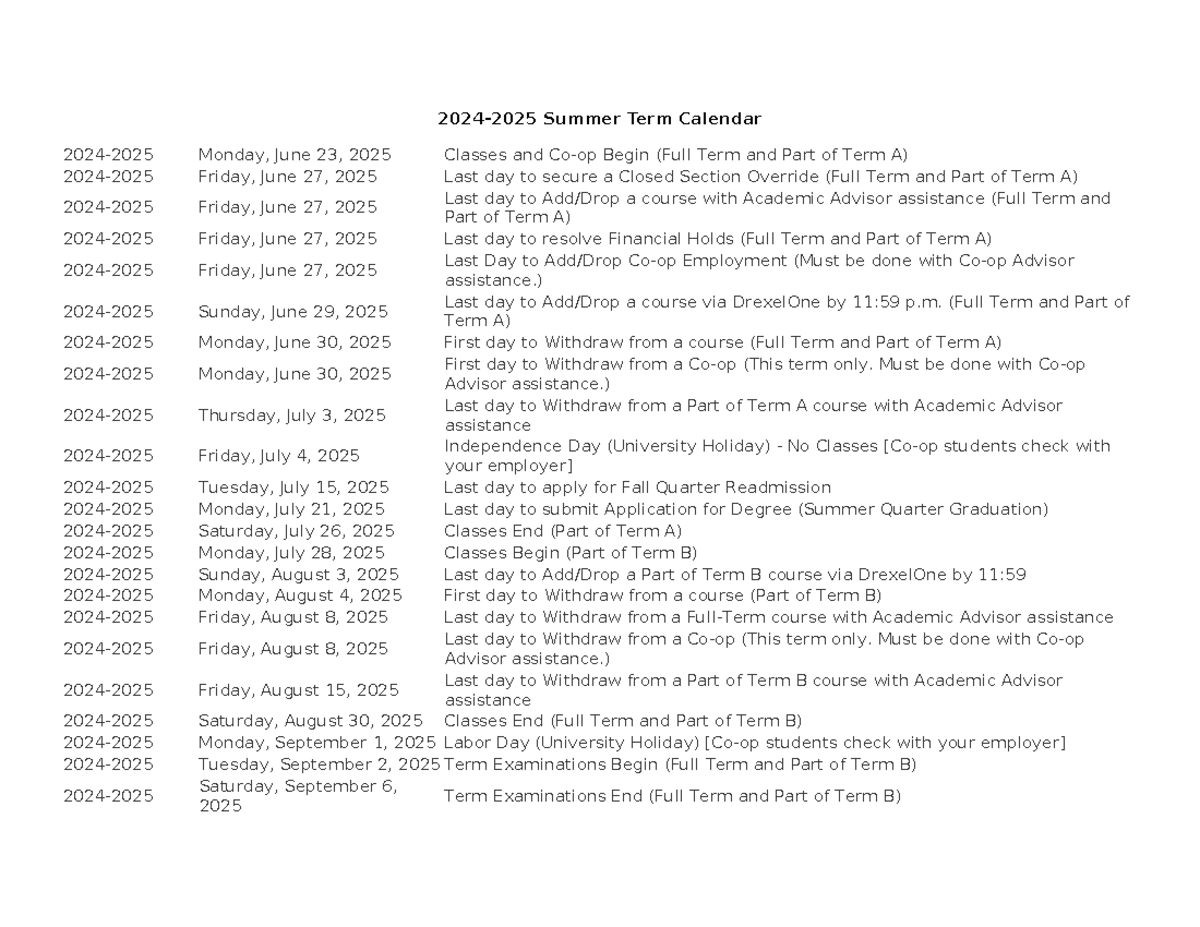 2024-2025 Summer Term Calendar: Key Dates & Deadlines - Studocu