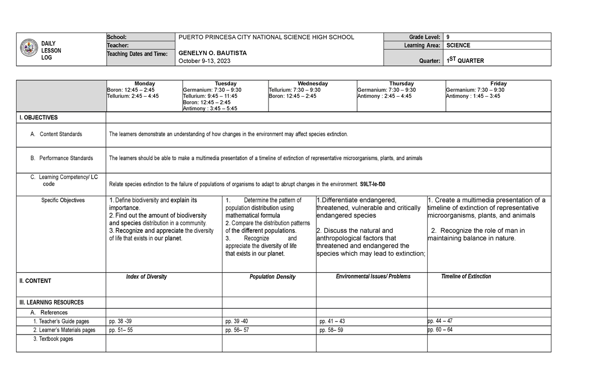 Science 9 Daily Lesson Log: Biodiversity & Evolution (Oct 9-13, 2023 ...