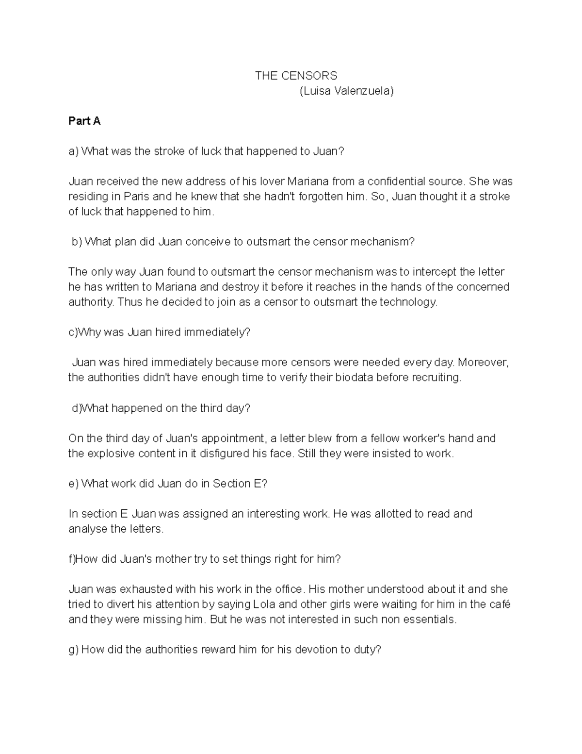 Question Answers on "The Censors" by Luisa Valenzuela (Study Guide ...