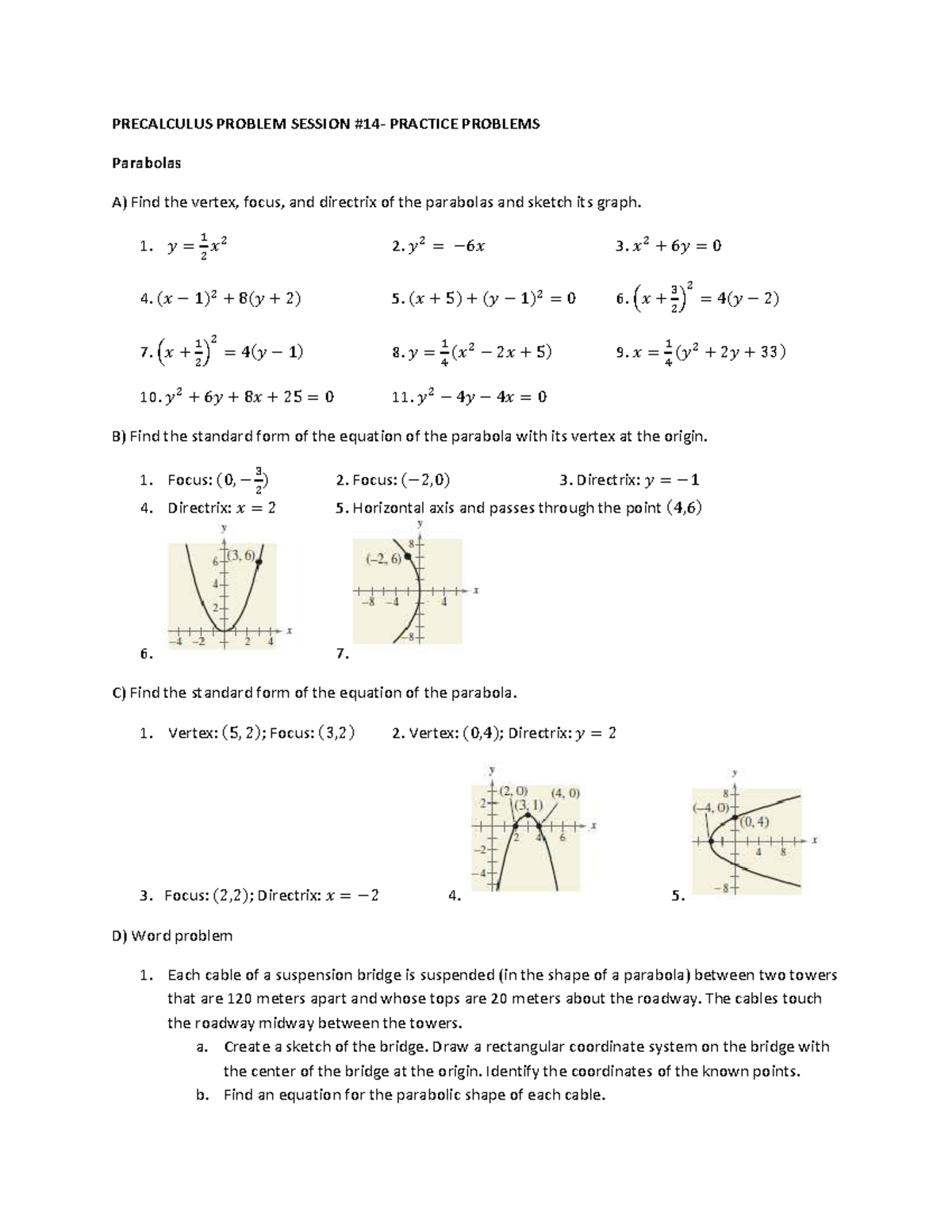 Precalculus problem session practice problems: Parabolas, ellipses ...
