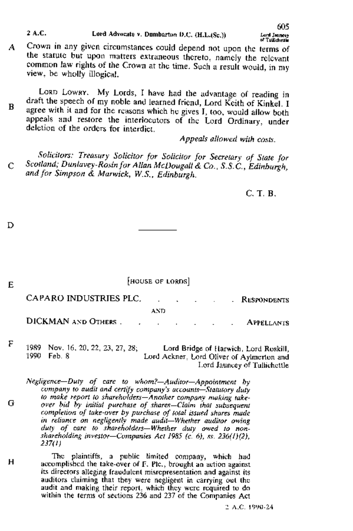 Caparo Industries Plc v Dickman (1990) - Duty of Care & Negligence ...