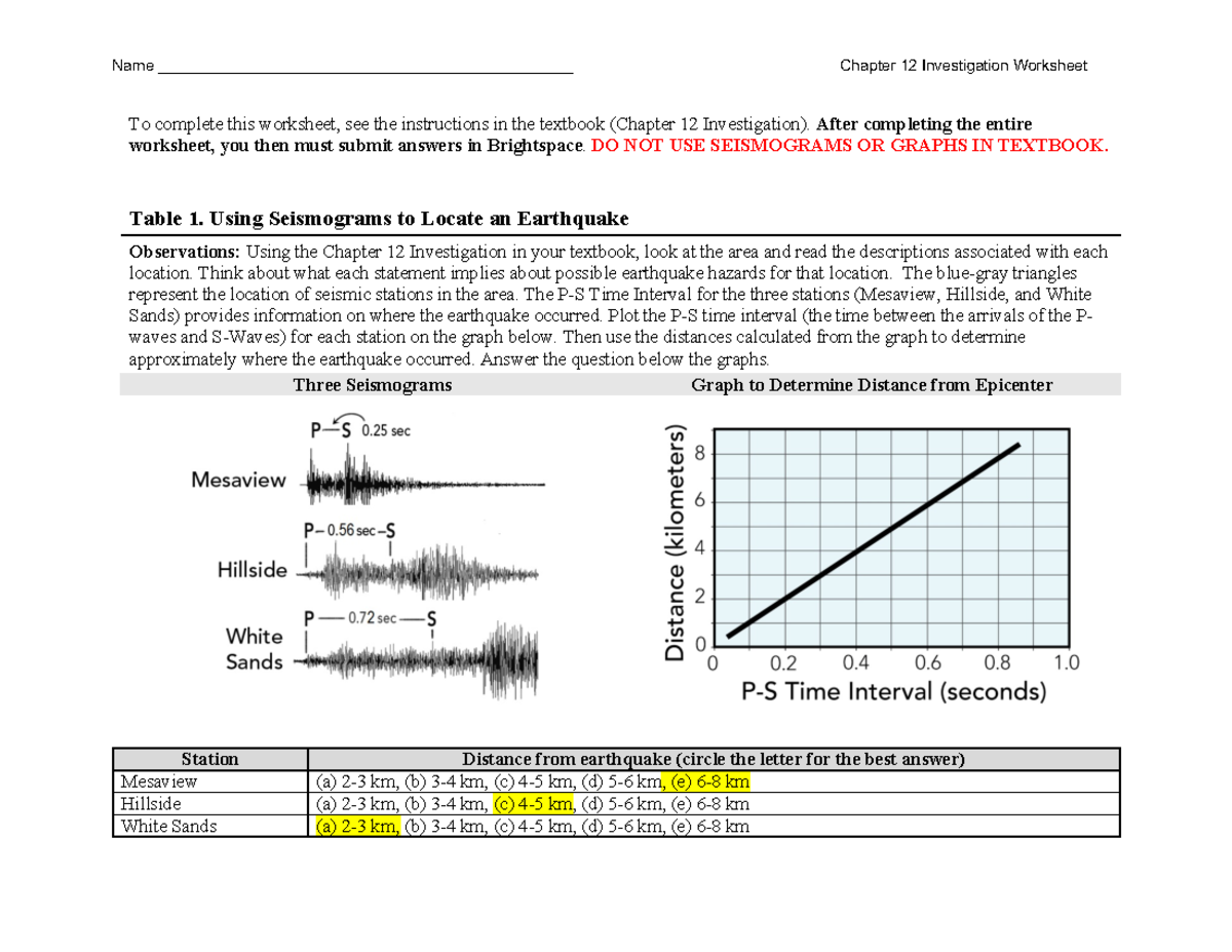 Assignment #2B: Earthquake Epicenter Investigation Worksheet - Studocu