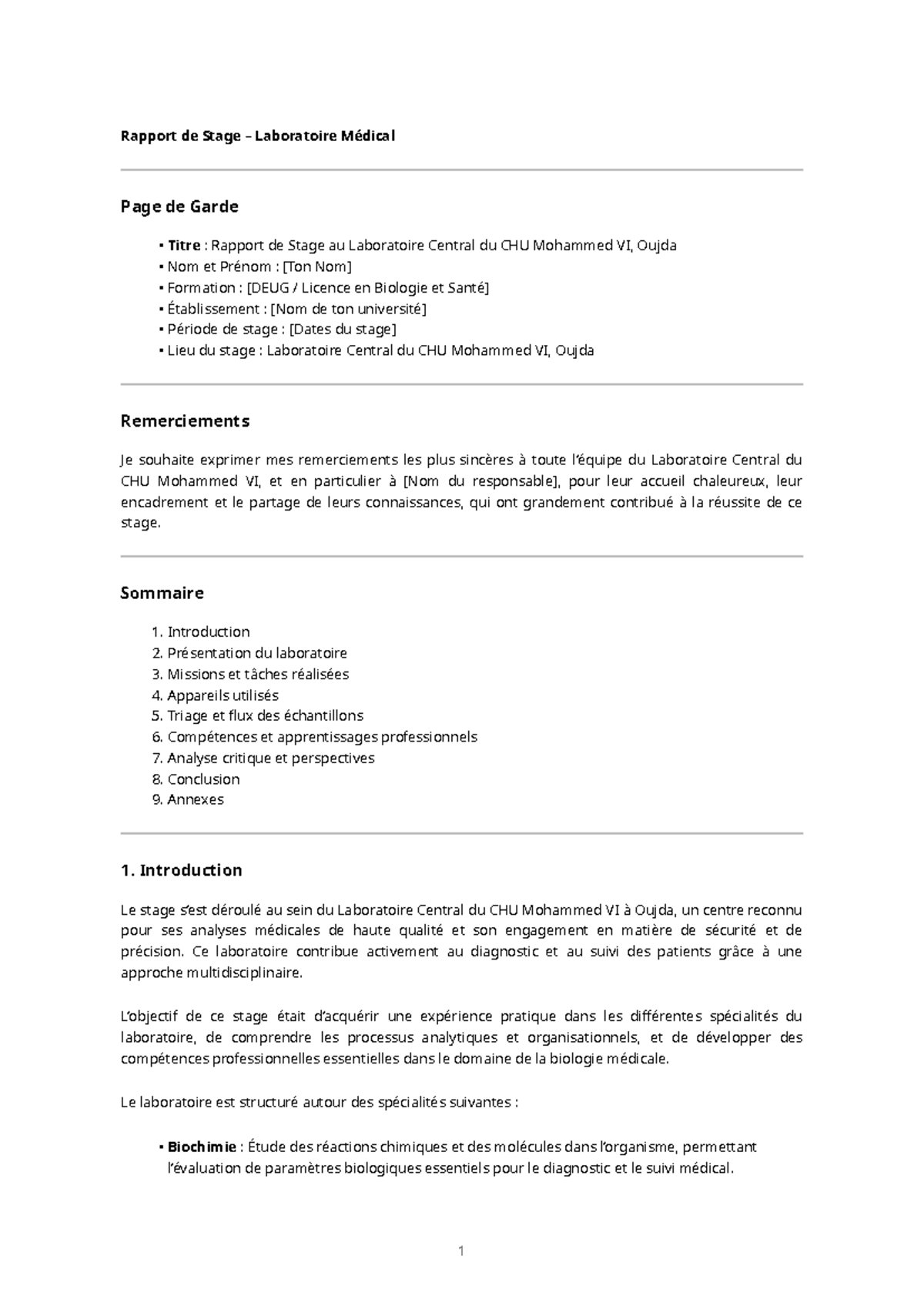 Rapport de Stage au Laboratoire Central CHU Mohammed VI - Oujda - Studocu