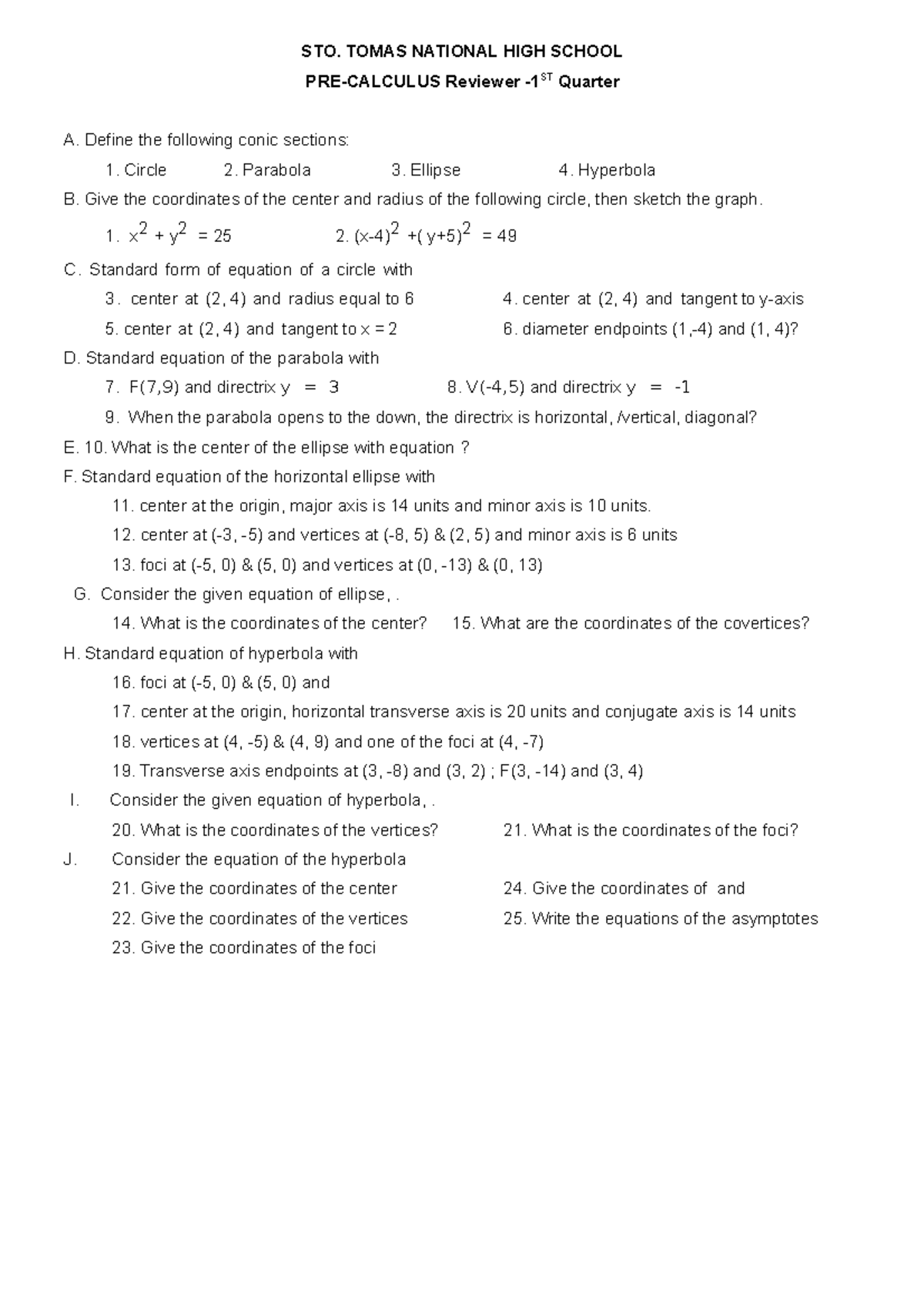 Pre-Cal 1st Quarter Reviewer: Conic Sections and Equations Guide - Studocu