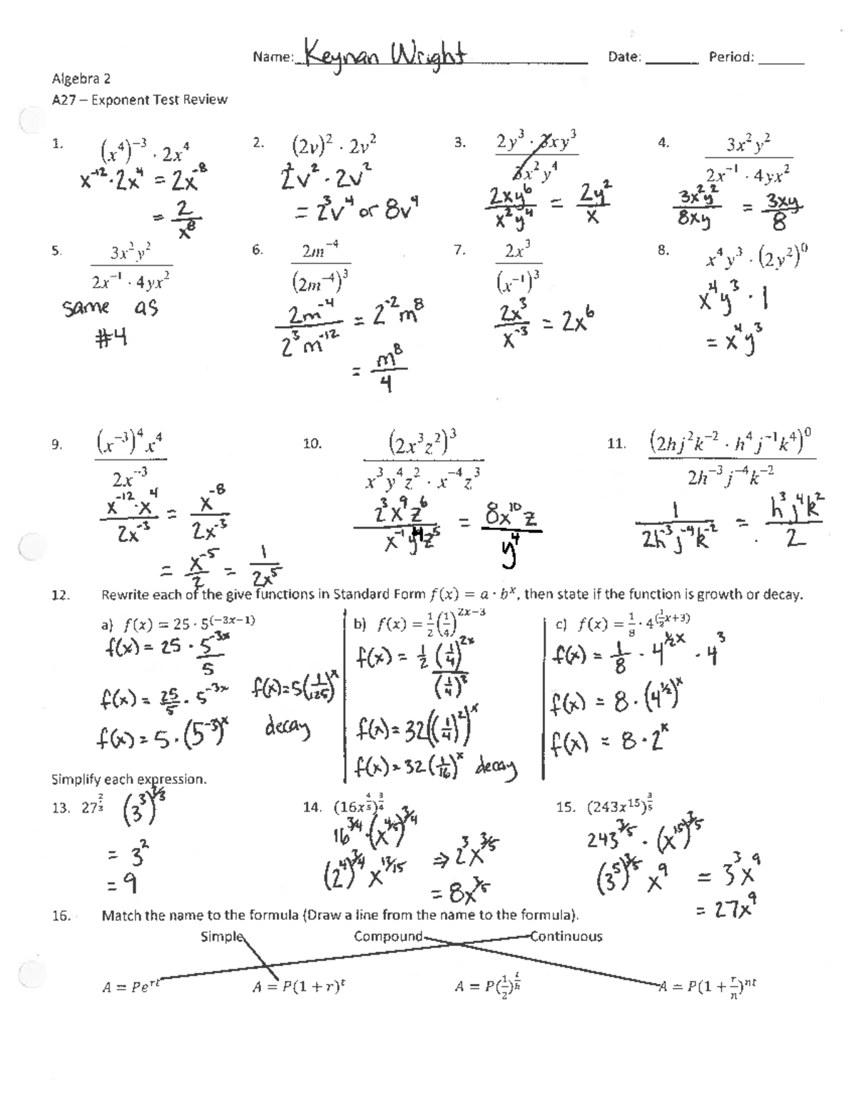 Algebra 2 A27 Exponent Test Review and Function Analysis - Studocu