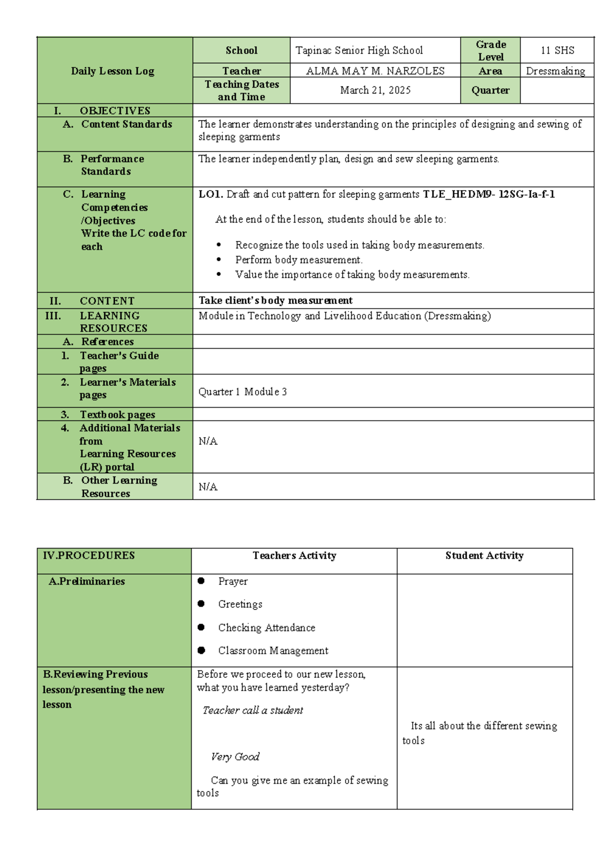 Lesson Plan: Dressmaking Final Demo - Body Measurement Techniques - Studocu