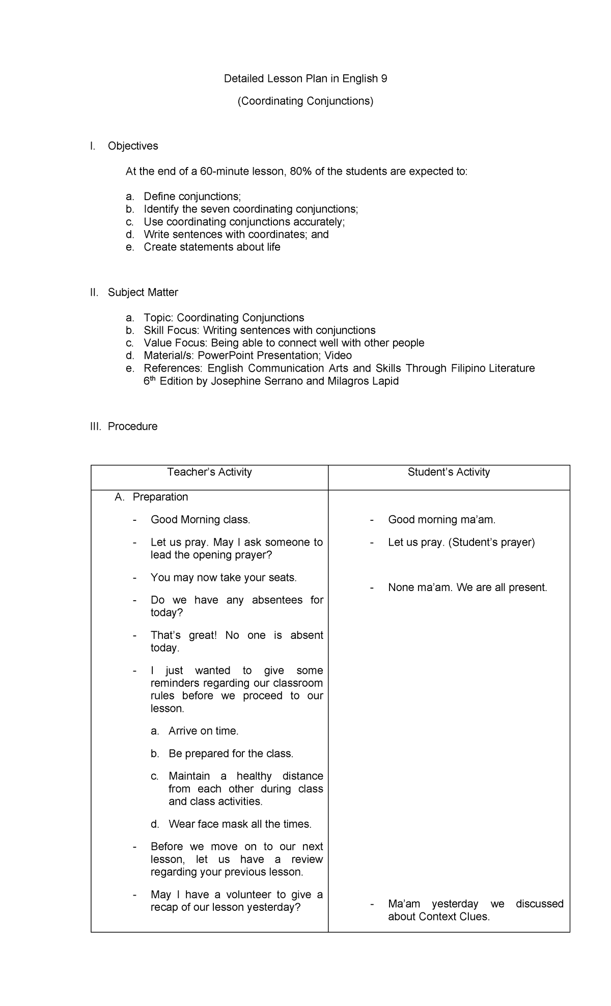 Detailed Lesson Plan: Coordinating Conjunctions (Eng 9) - Studocu