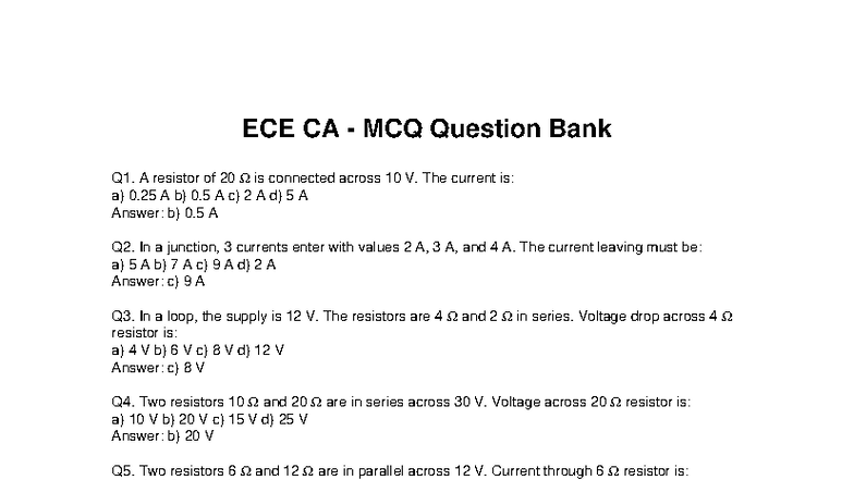 ECE CA MCQ Question Bank: Circuit Analysis & Diodes - Studocu