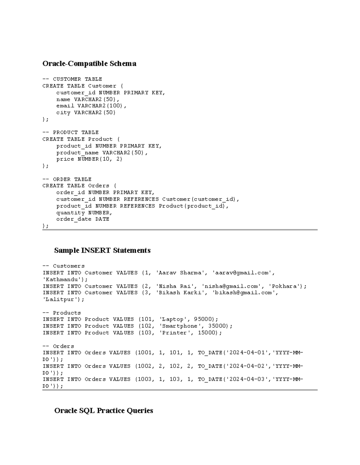 Oracle SQL Practice: Customer, Product, and Orders Tables - Studocu