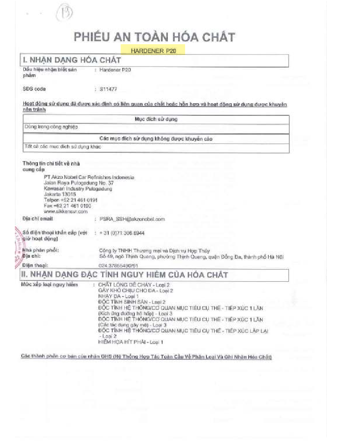 MSDS for Hardener P20: Safety Data Sheet and Hazard Information - Studocu