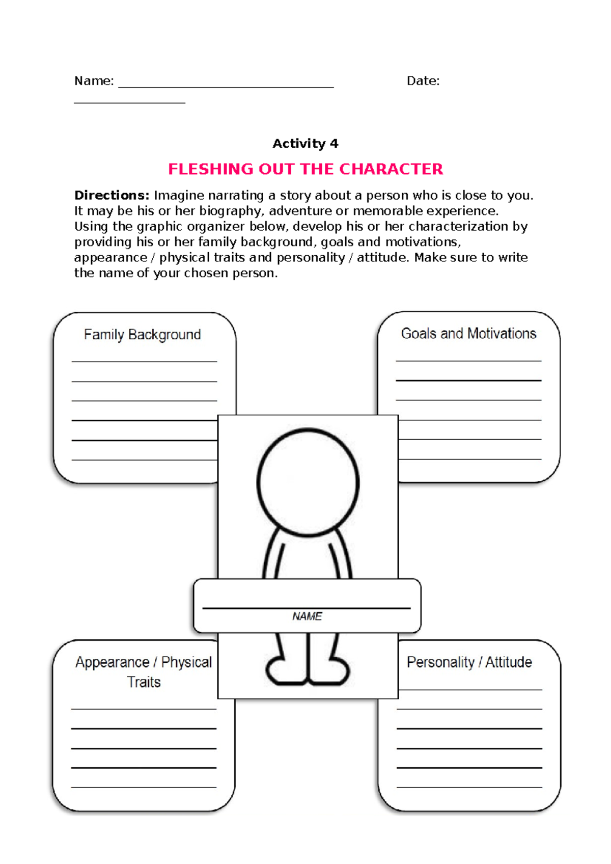 Character Development Activity Sheet: FLESHING OUT THE CHARACTER - Studocu