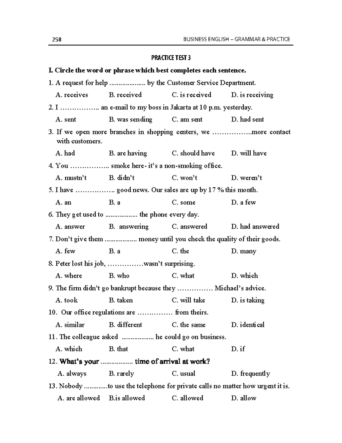 258 BUSINESS ENGLISH GRAMMAR PRACTICE TEST 3 - Practice Questions - Studocu