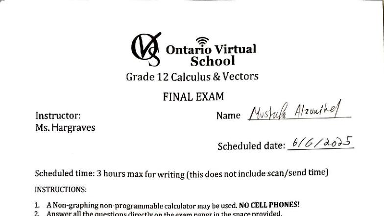 Grade 12 Calculus Vectors - Final Exam Instructions - Studocu