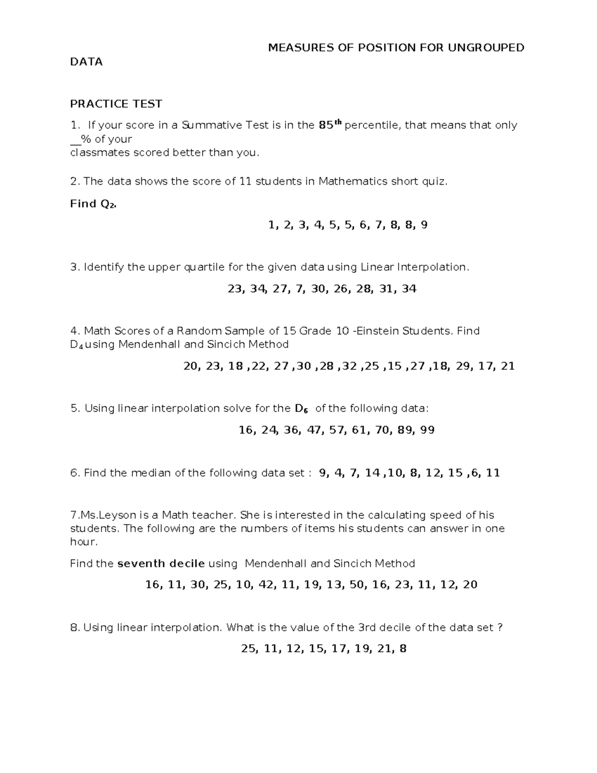 Measures of Position for Ungrouped Data - Practice Test 1 - Studocu