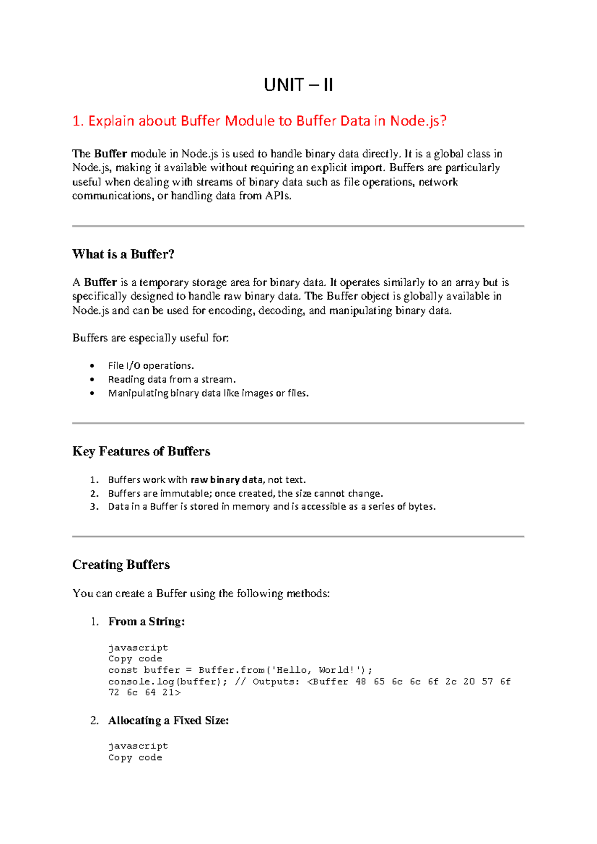 UNIT II FSD - Buffer, Stream & HTTP Services in Node.js Notes - Studocu