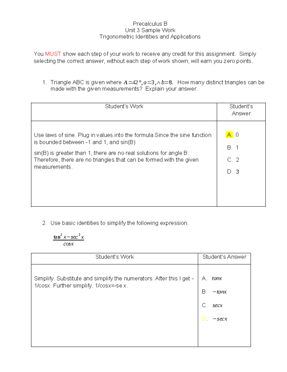 Precalculus B - U3 Trigonometric Identities & Applications Sample Work ...