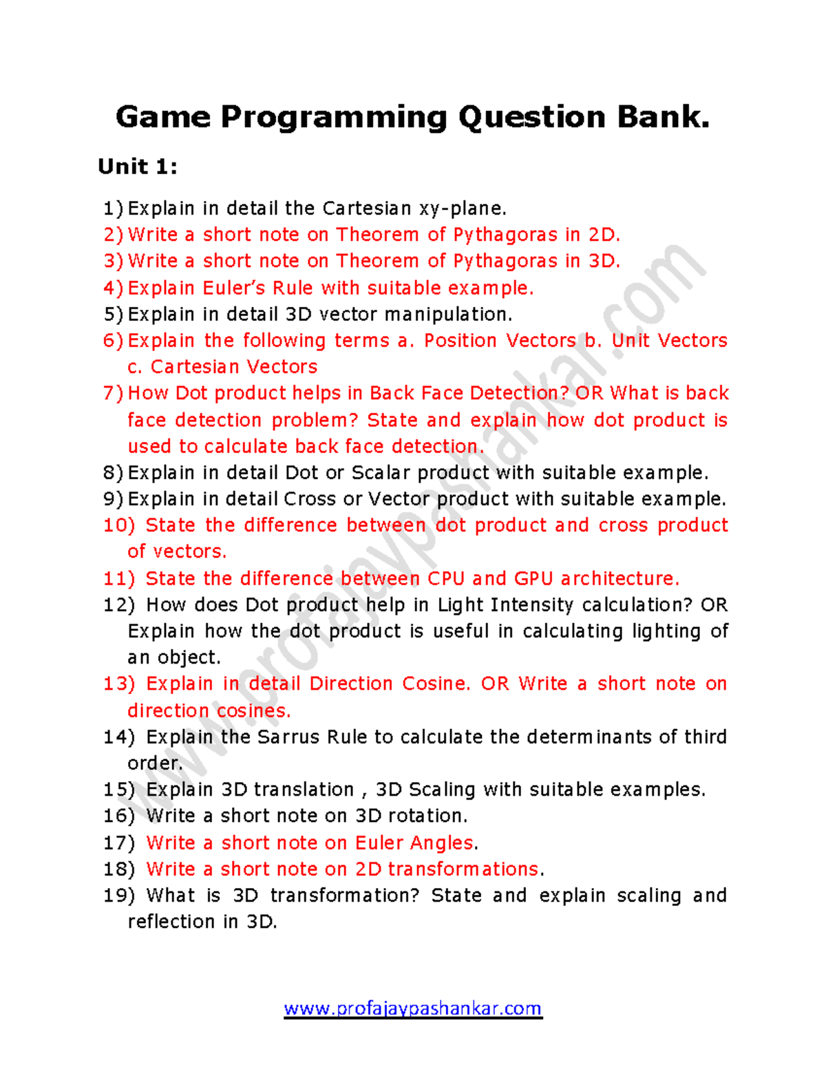 Game Programming Question Bank: Concepts and Techniques (Unit 1 & 2) - Studocu
