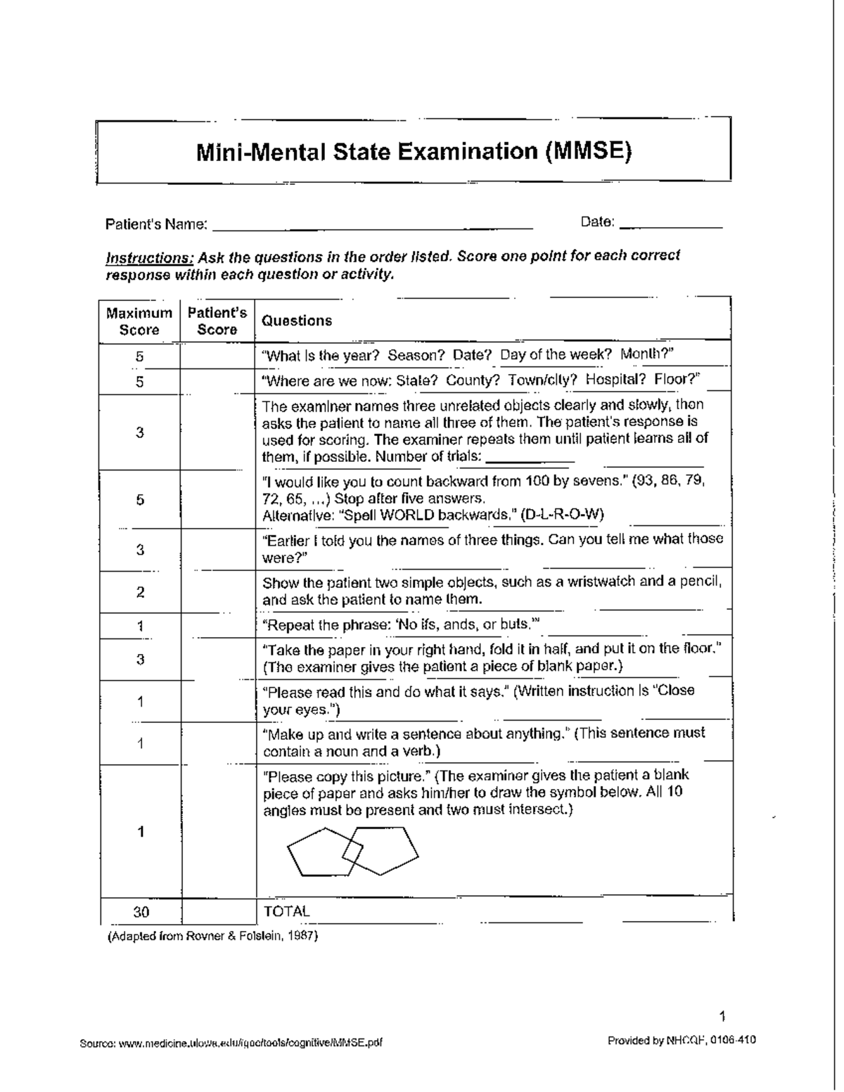MMSE Scoring Instructions and Guidelines for Administration - Studocu