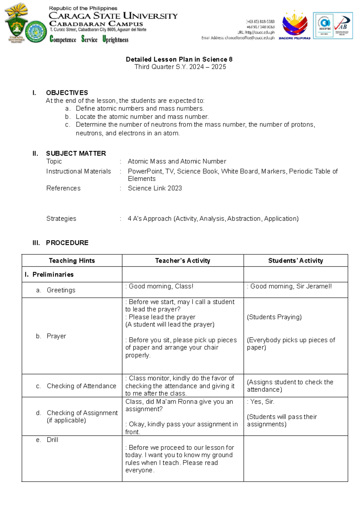 Detailed Lesson Plan in Science 8: Atomic Numbers & Mass Numbers - Studocu