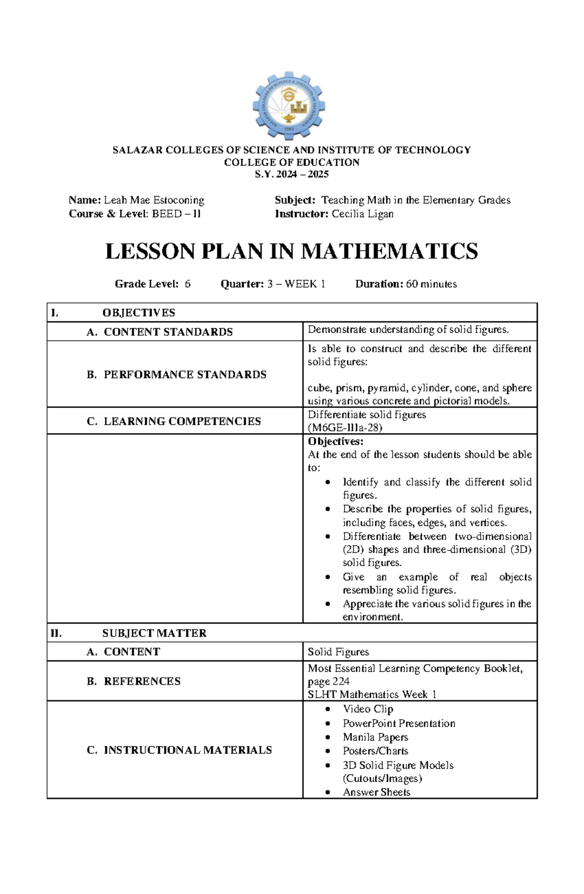 Lesson Plan in Math (Grade 6) - Solid Figures (S.Y. 2024-2025) - Studocu