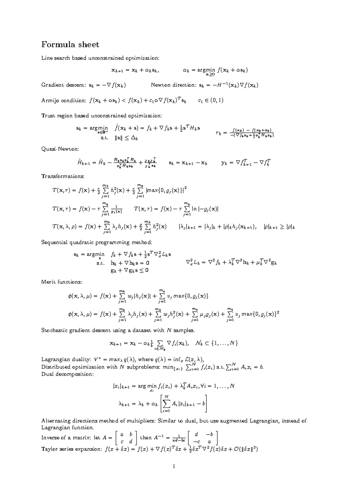 Formula Sheet 2: Optimization Techniques and Methods - Studeersnel
