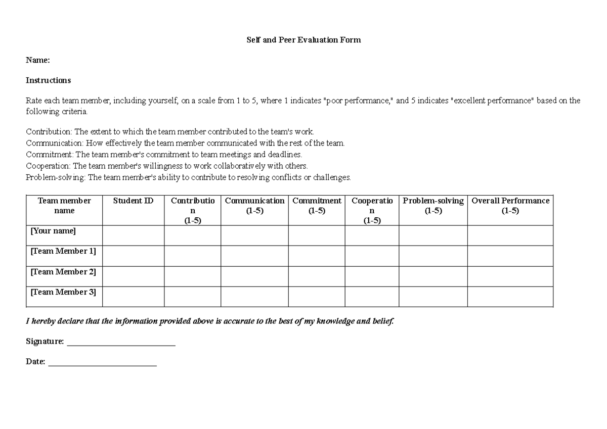 Self and Peer Evaluation Form for Teamwork Assessment - Studocu