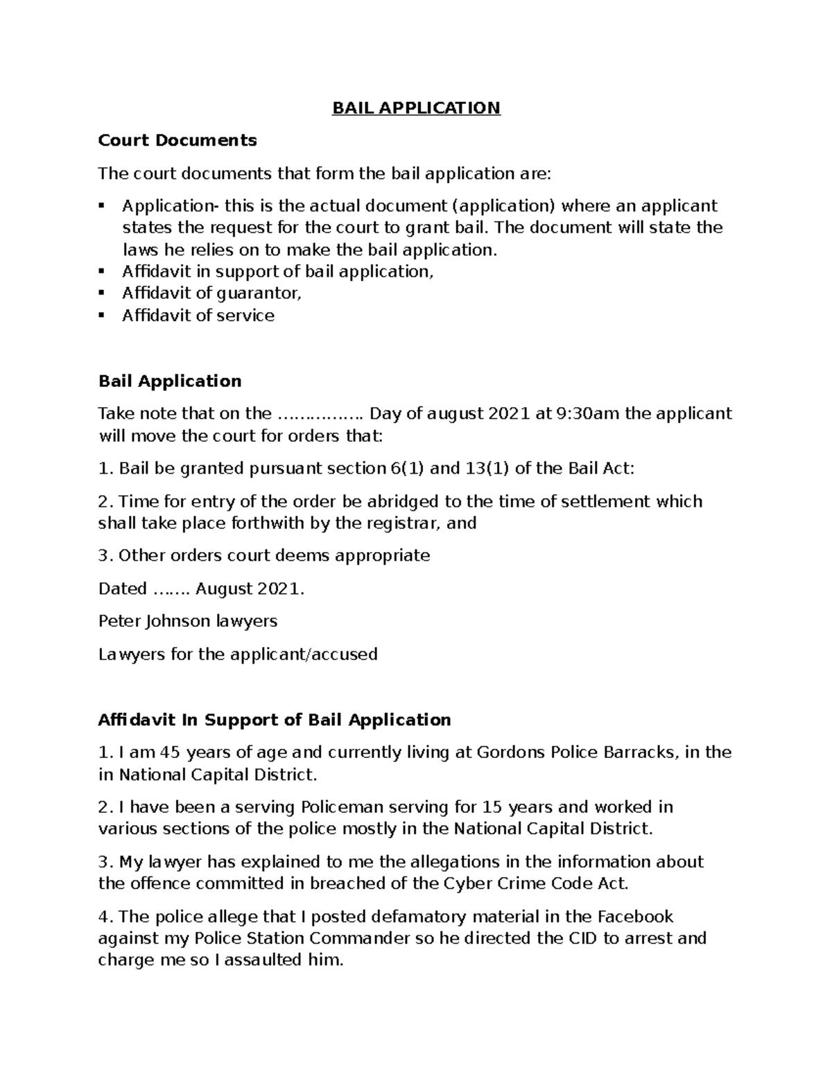 BAIL APPLICATION (COURT DOCS) - AUGUST 2021 - Studocu