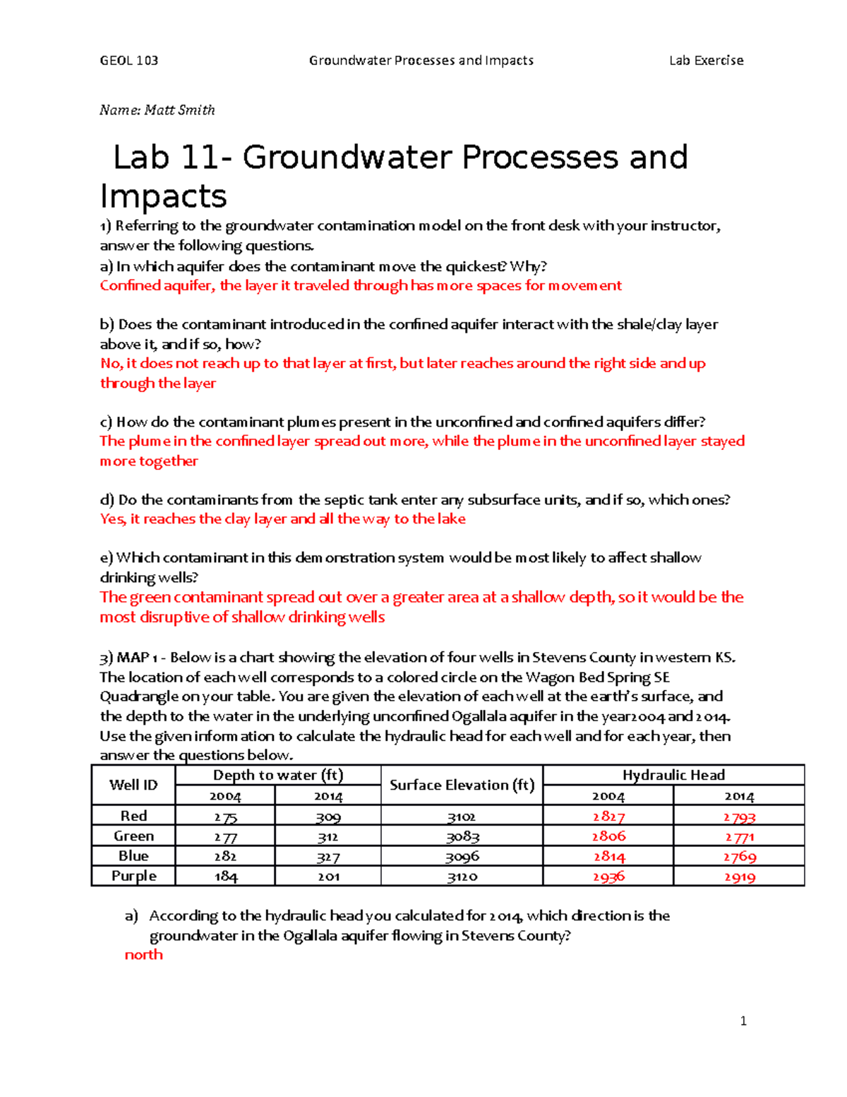 Lab 11 Exercise - GEOL 103 Groundwater Processes and Impacts Lab ...