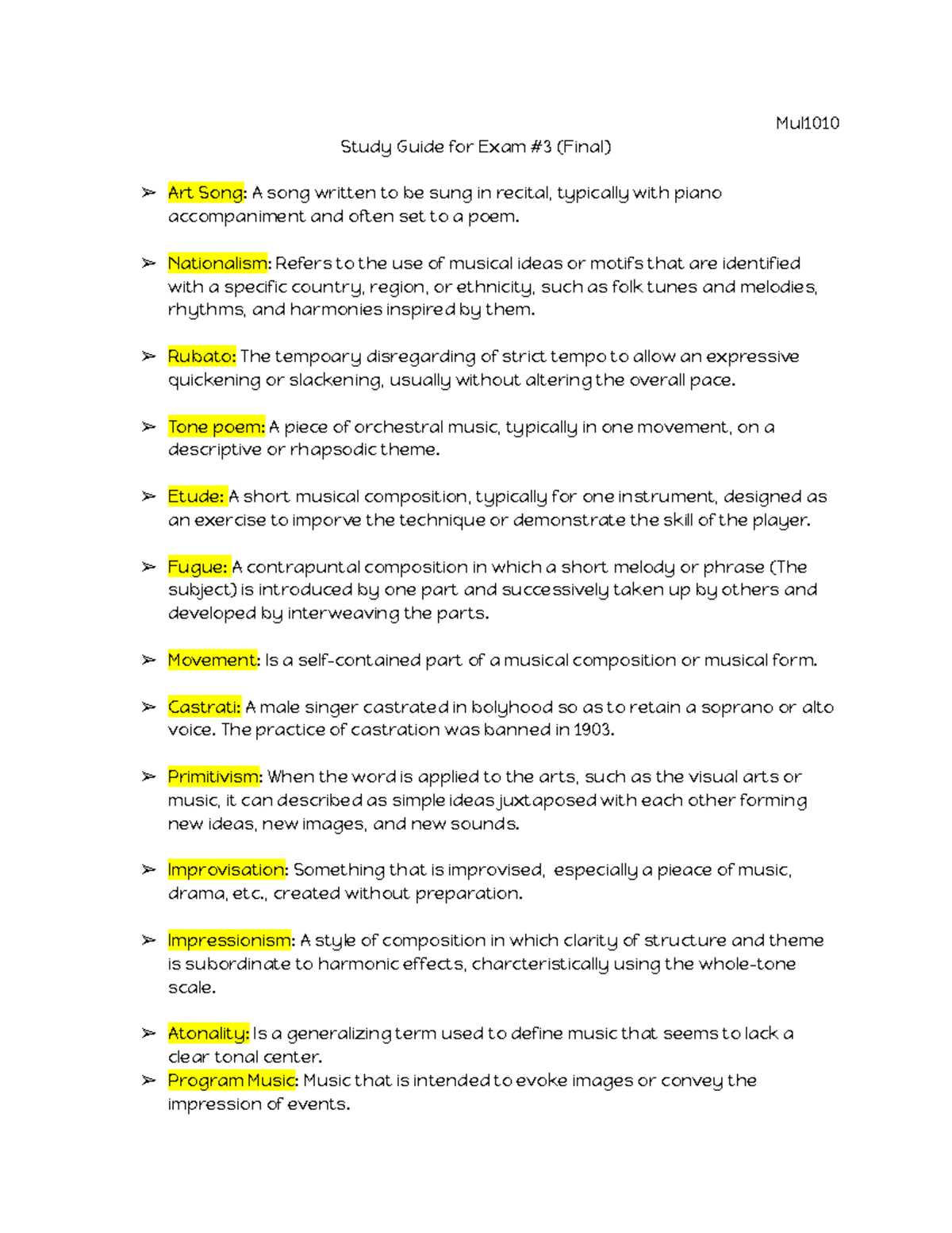 Music Appreciation Study Guide for Exam #3 (Final) - Studocu