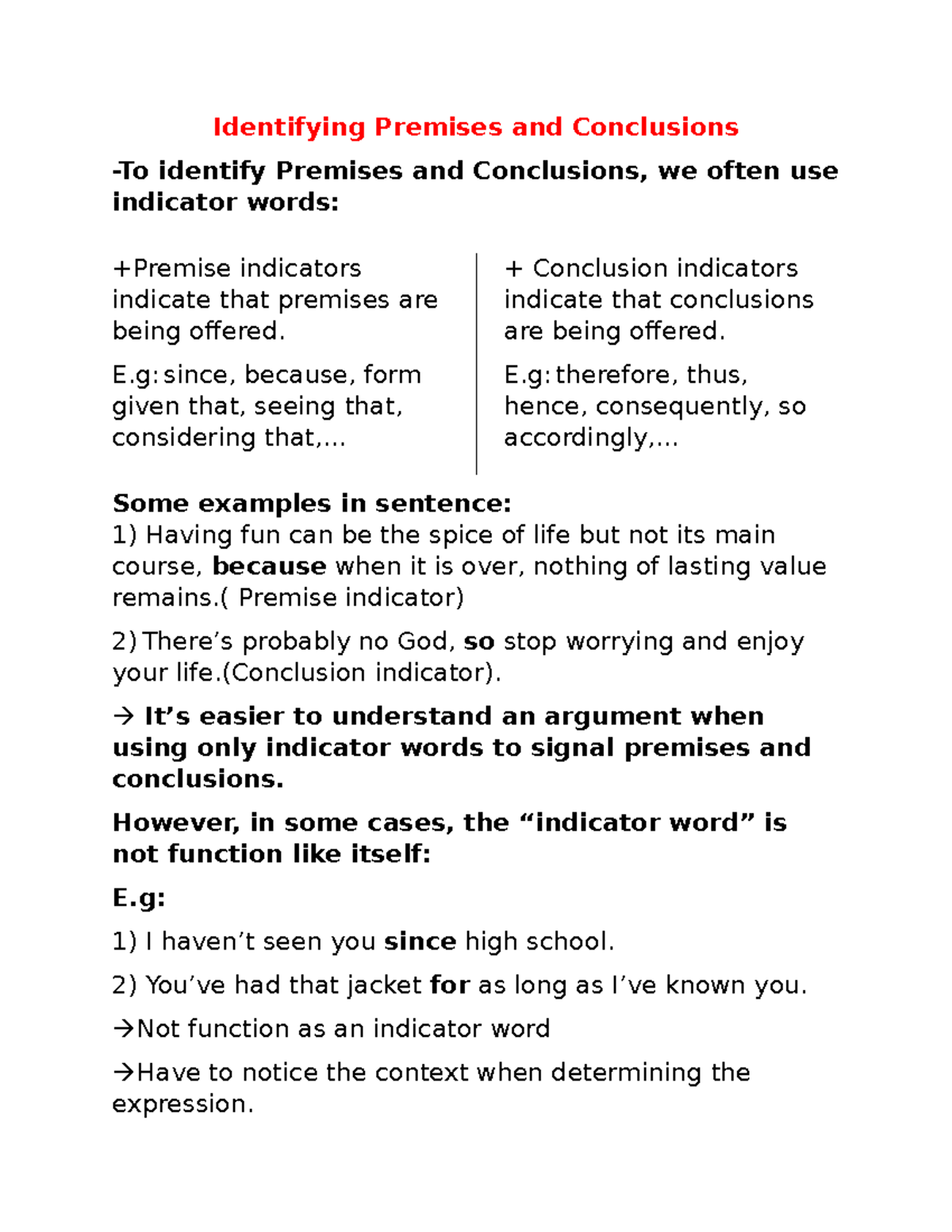 Identifying Premises & Conclusions: Indicators Explained - Studocu