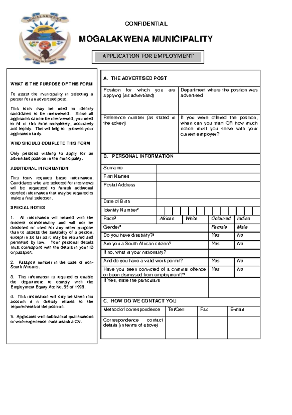 Mogalakwena Employment Application Forms - CONFIDENTIAL MOGALAKWENA ...