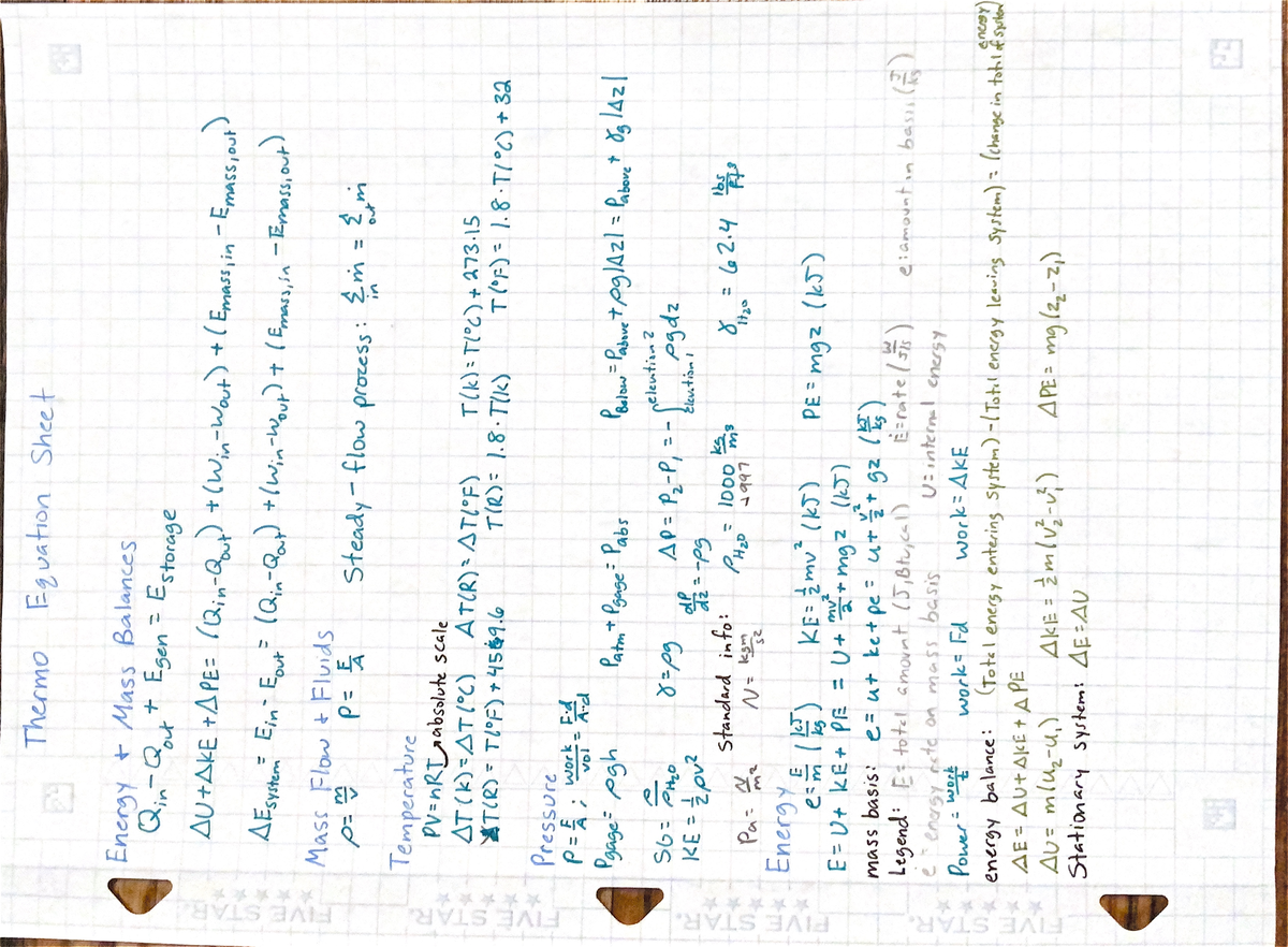 Thermo quiz 1 formulas - Thermo Equation Sheet Energy Mass Balances ...