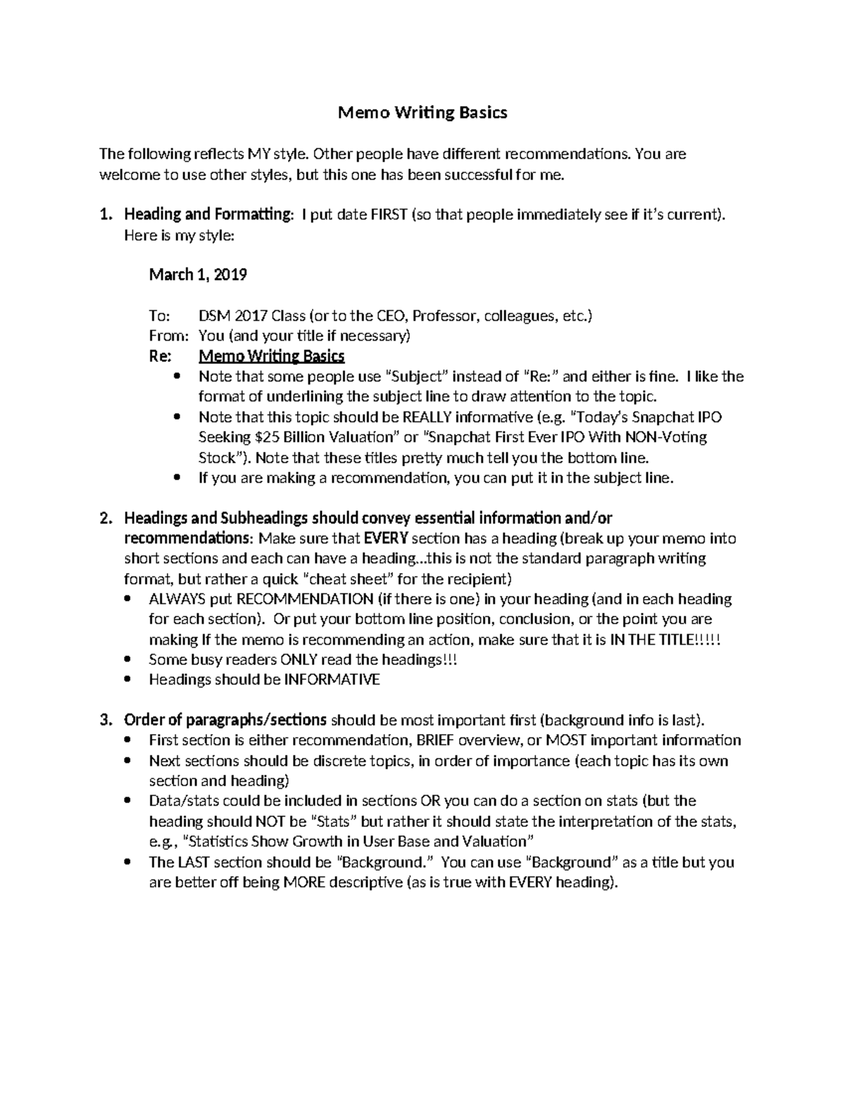 Memo Memo Writing Basics for 403 - Memo Writing Basics The following ...