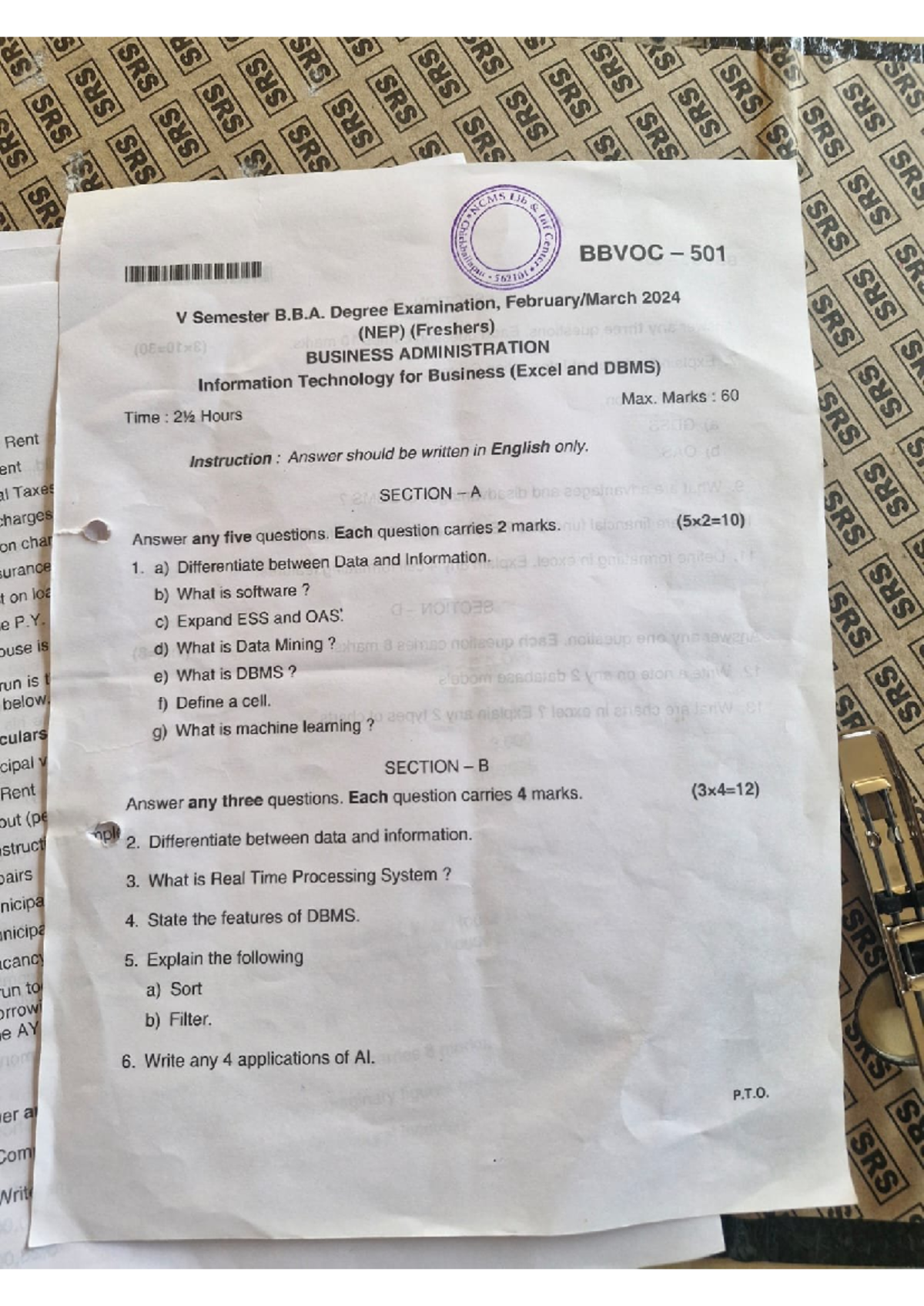 Lib Jul 562101 B.B.A. V Sem Exam 2024: IT for Business (Excel & DBMS ...