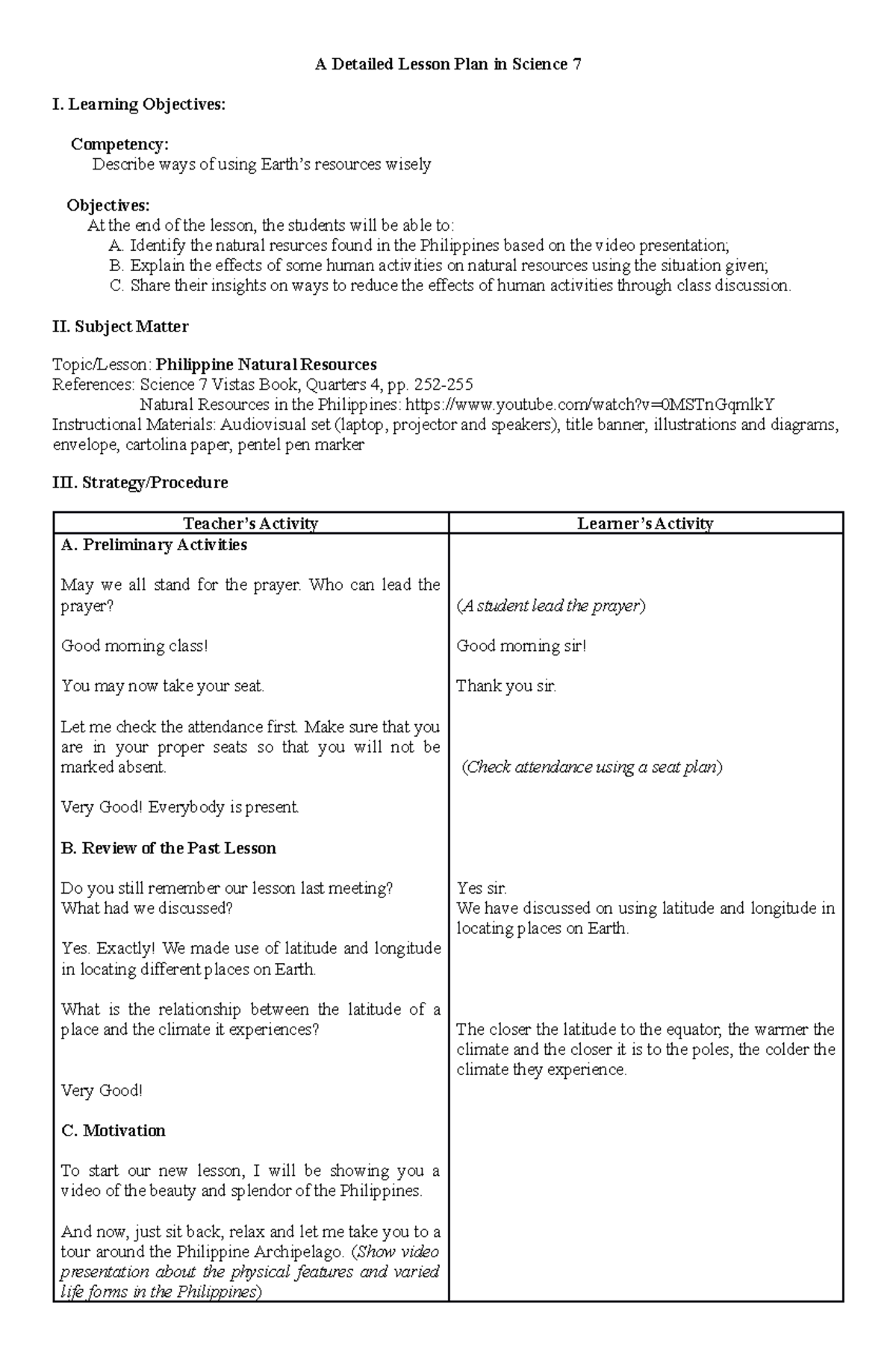 LP Phil Sci 7 Lesson Plan: Conservation of Natural Resources - Studocu