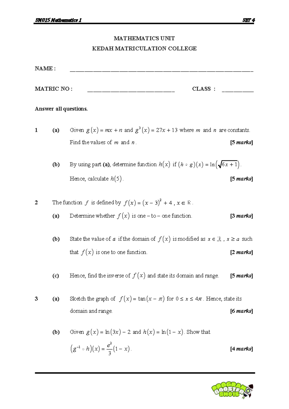 SM015 Mathematics 1 Final Exam Question Set 4 - Kedah Matriculation ...