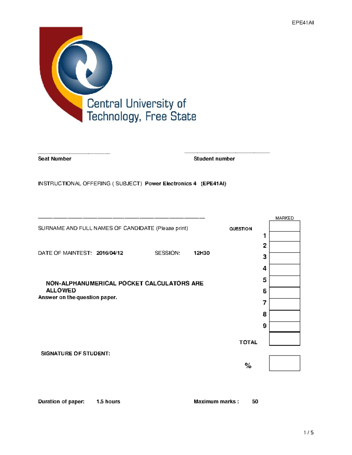 EPE41AI Power Electronics Main Test 2016 Memo and Solutions - Studocu