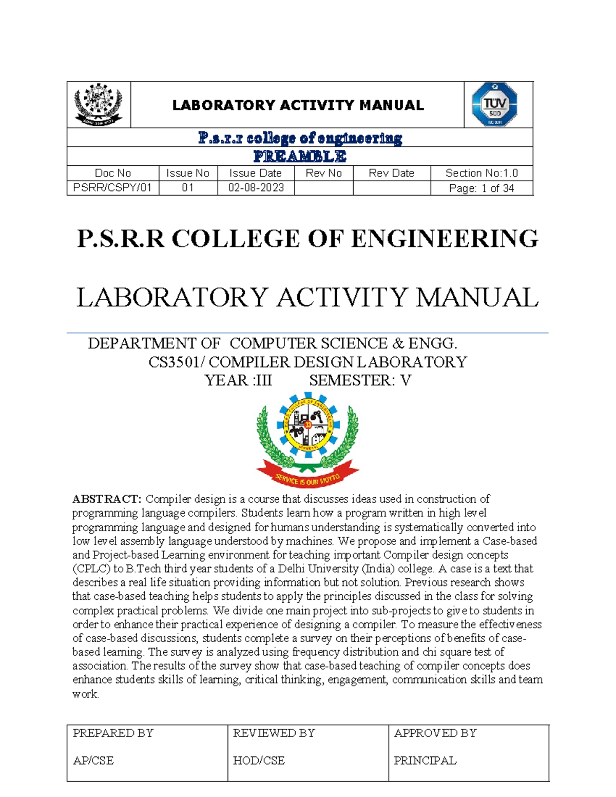 LAB MANUAL: Compiler Design (CD) - Practical Activities and Experiments - Studocu