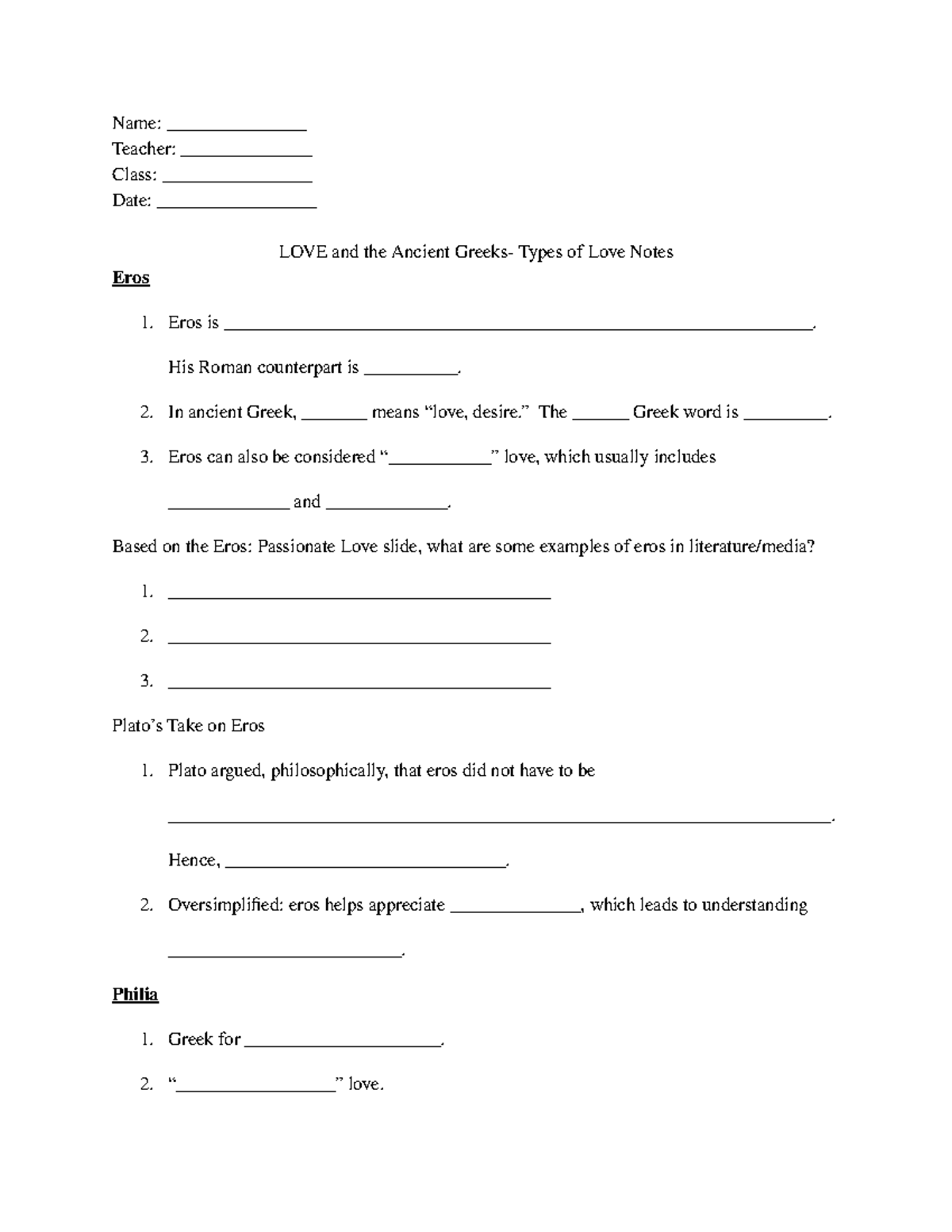 Types of Love Note Sheet: Eros and Philia Explained - Studocu