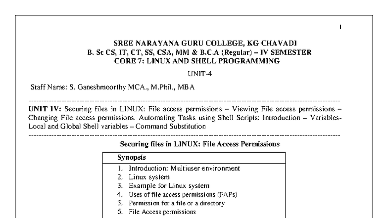 UNIT 4 Linux final - SREE NARAYANA GURU COLLEGE, KG CHAVADI B. Sc CS ...