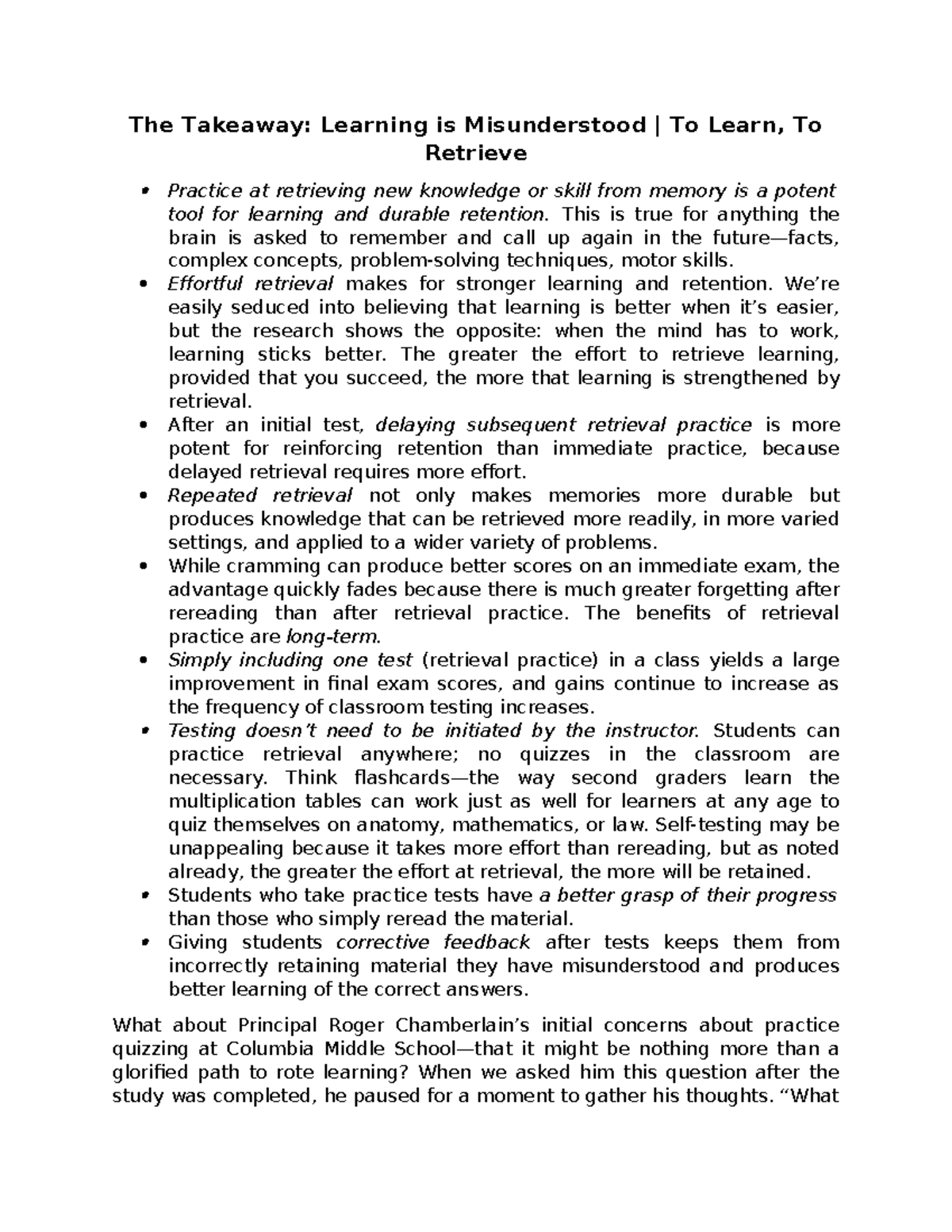 MAKE IT STICK: Key Lessons on Effective Retrieval Practice - Studocu