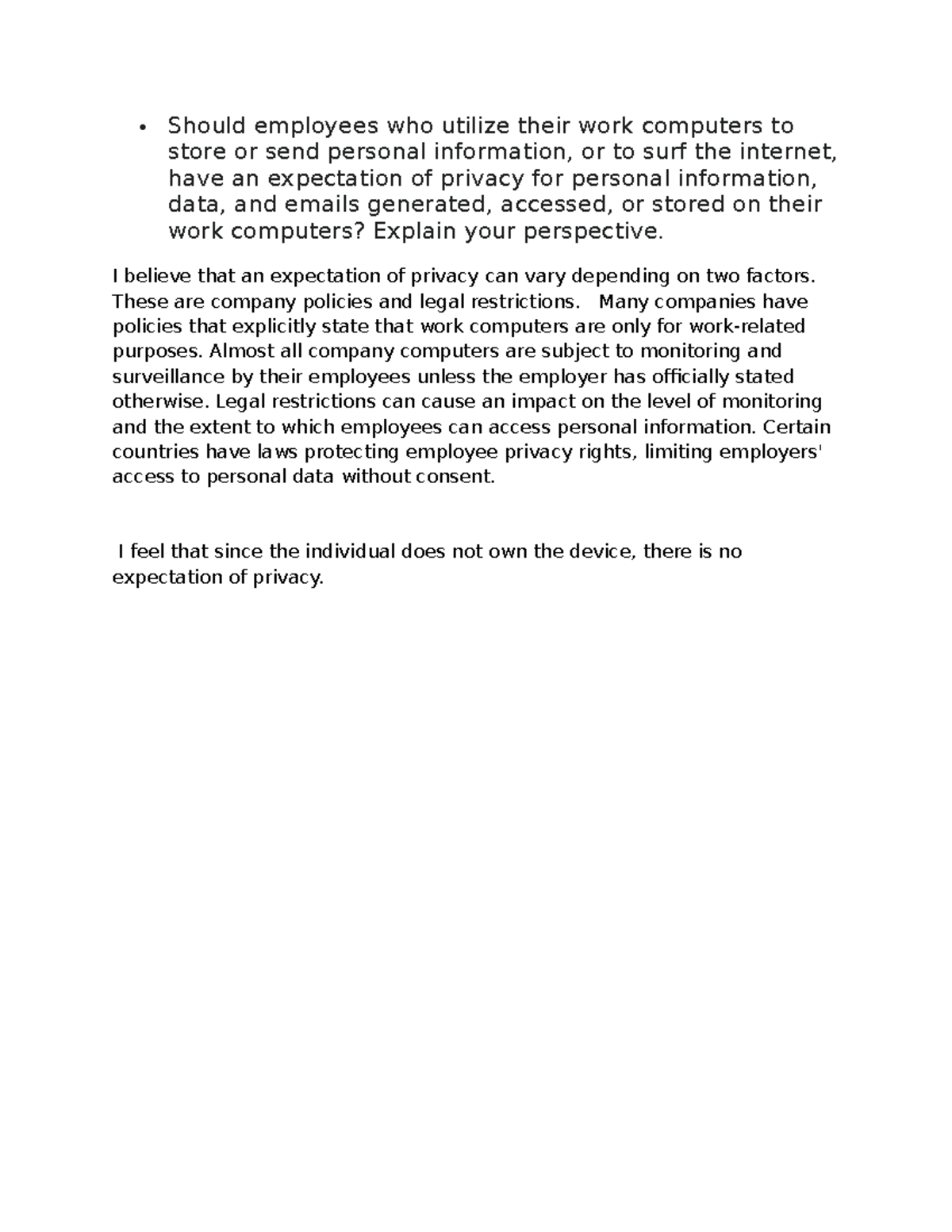 5-1 Discussion: Employee Expectations of Privacy on Work Computers ...