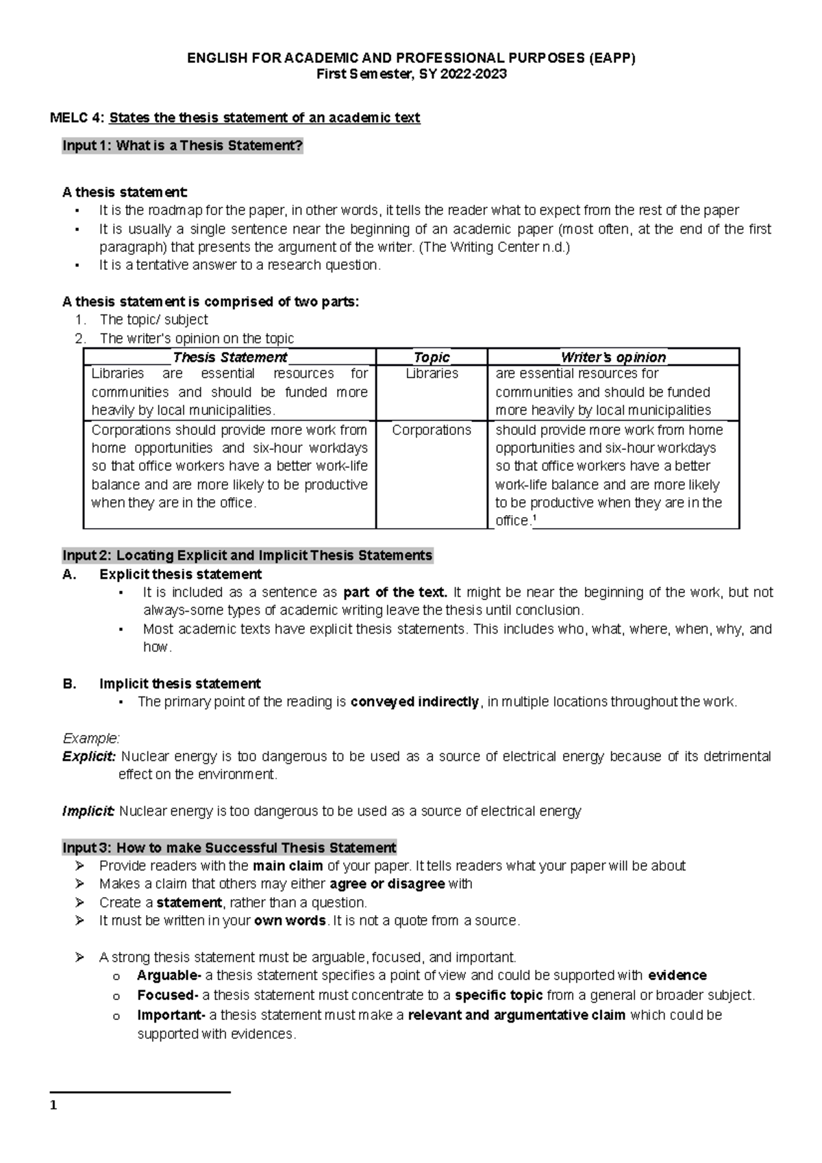 EAPP IM4 Thesis Statement Guide and Examples for Academic Writing - Studocu